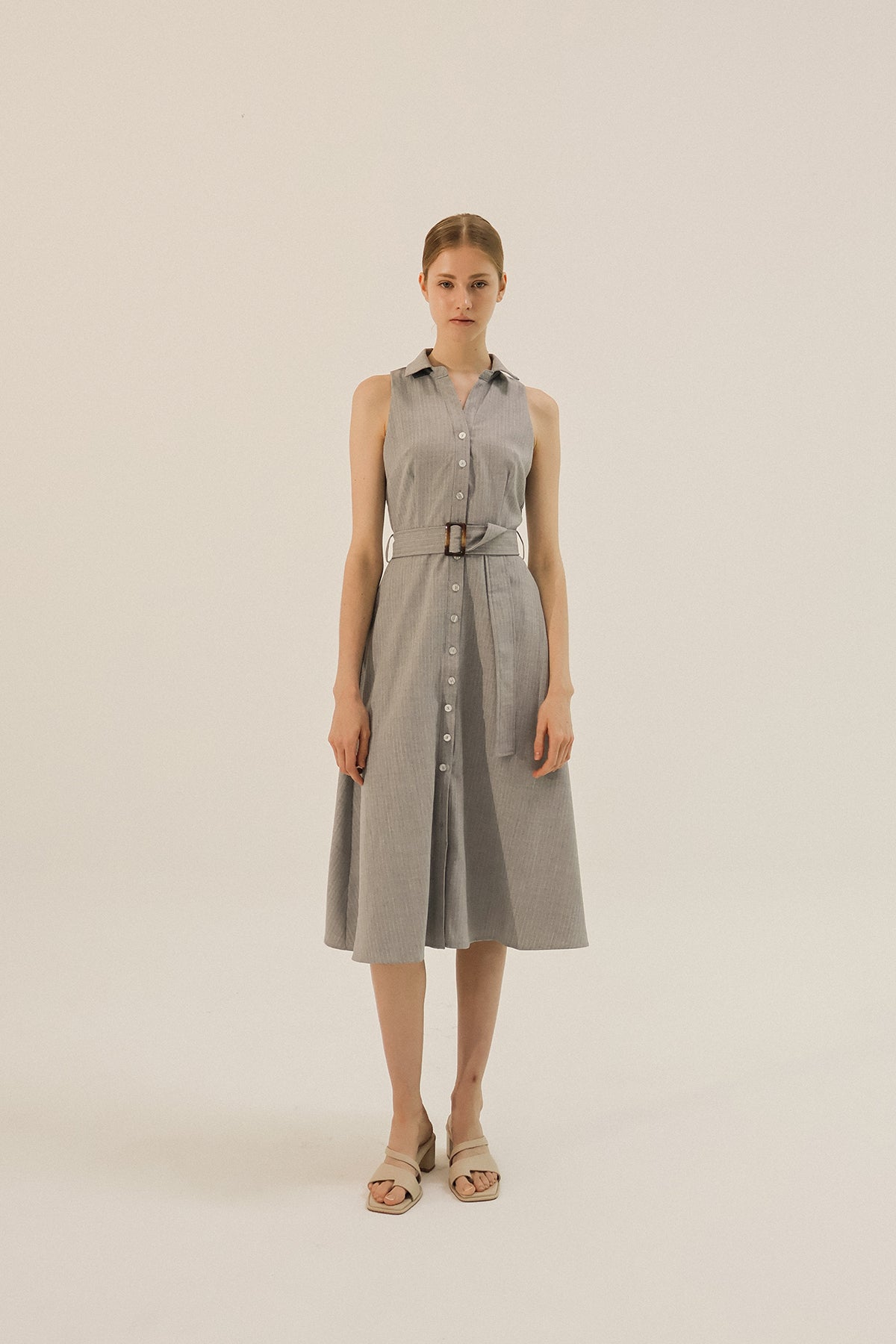 Delilah Open Collar Dress in Dove Stripe – Génue